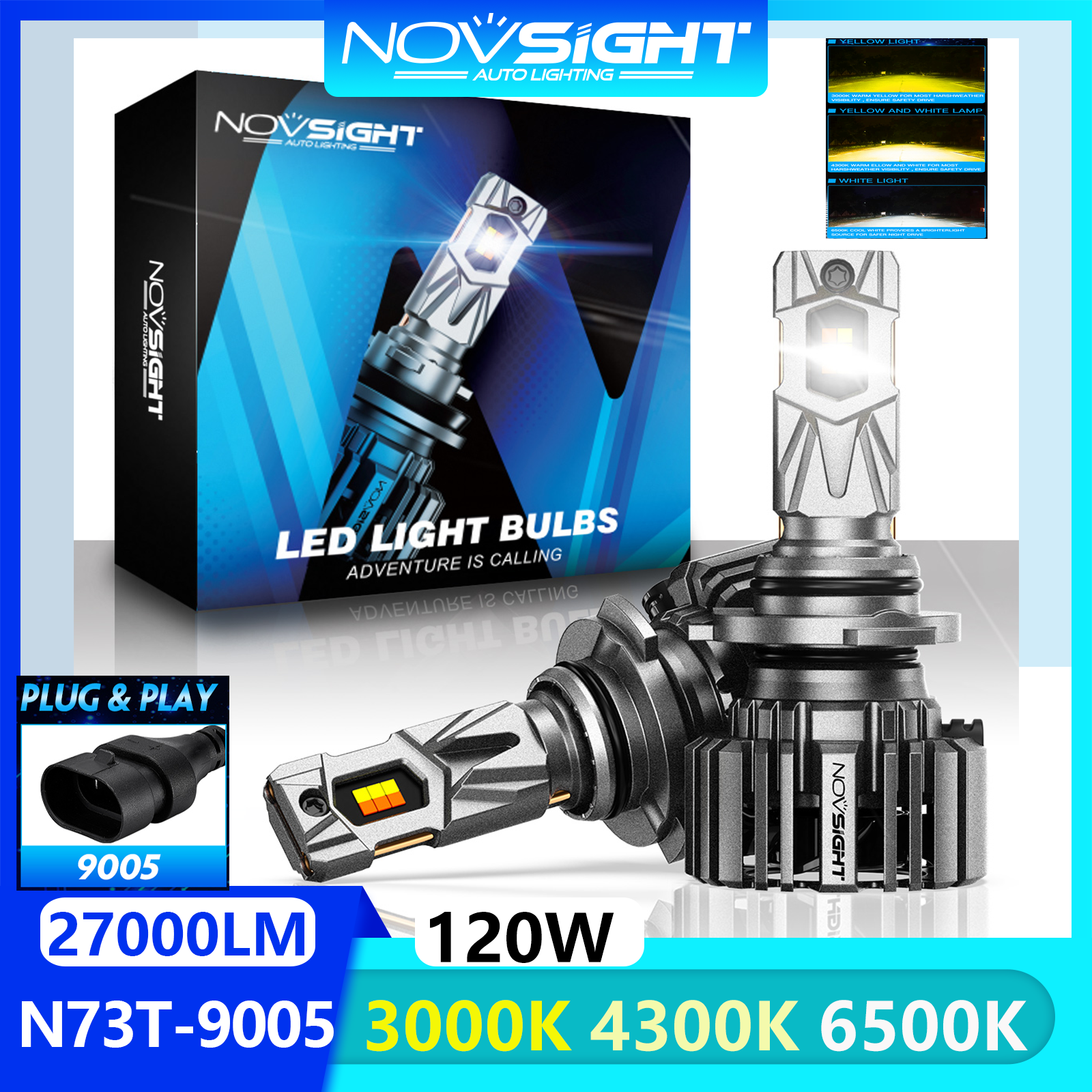Tricolor Light Novsight N73T LED Lights for Car 9005 HB3 LED Headlight ...