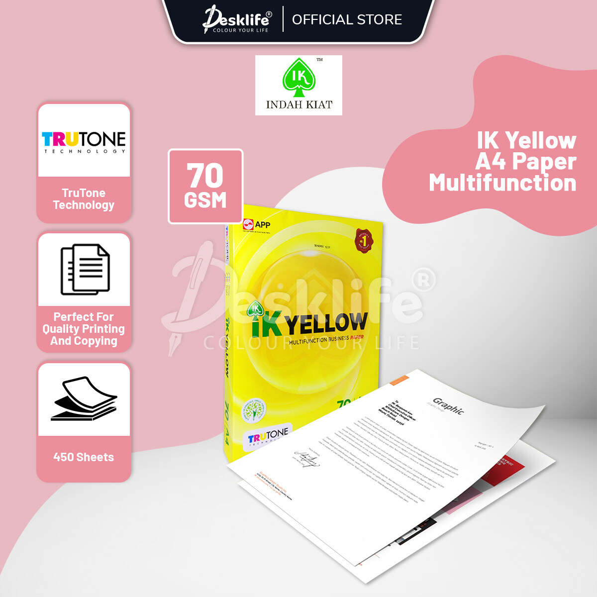 Desklife IK Yellow A4 Paper Multifunction 70gsm 80gsm ( 450 Sheet ...