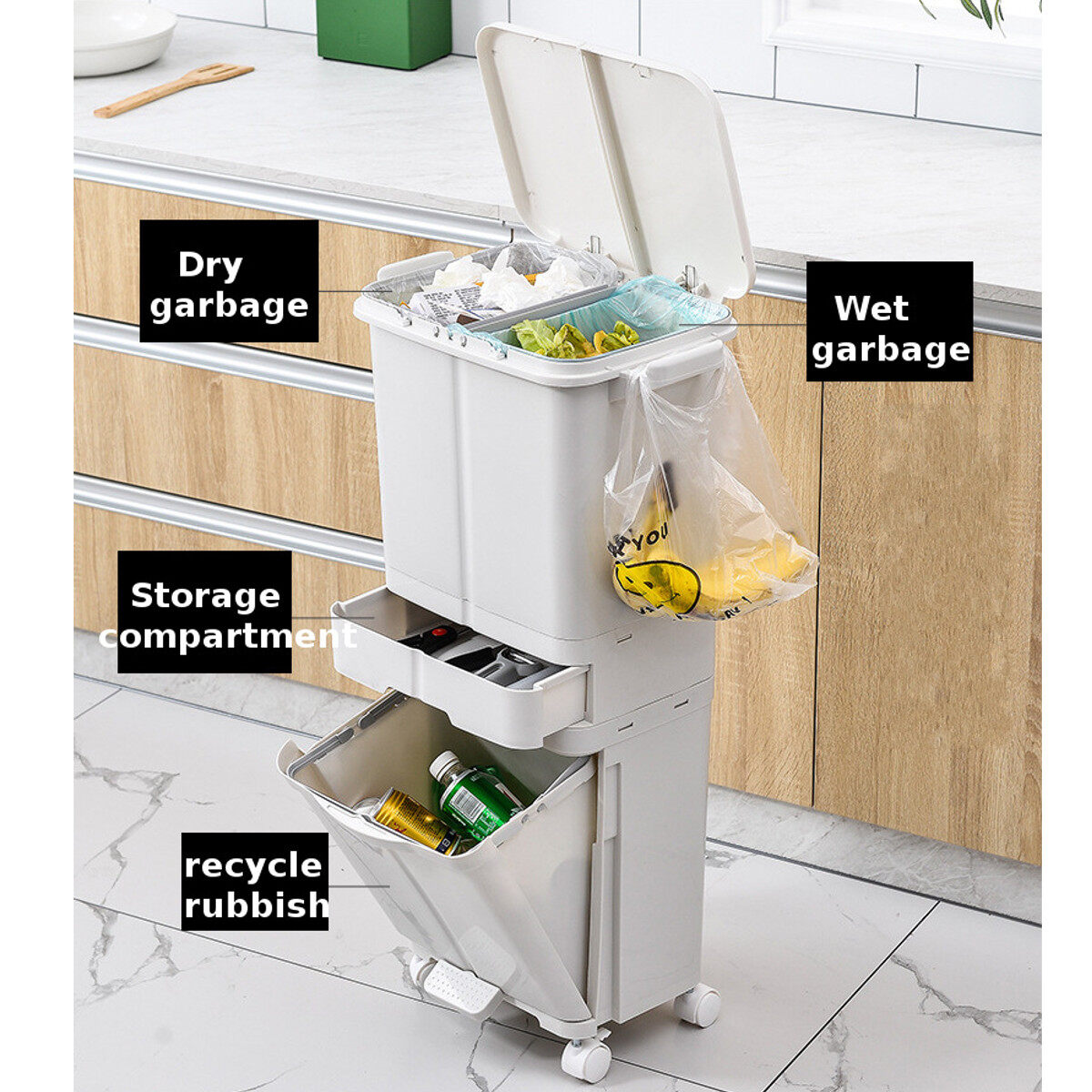 Waste Bin Kitchen Living Room Bathroom Wheels Trash Can Dry and Wet ...