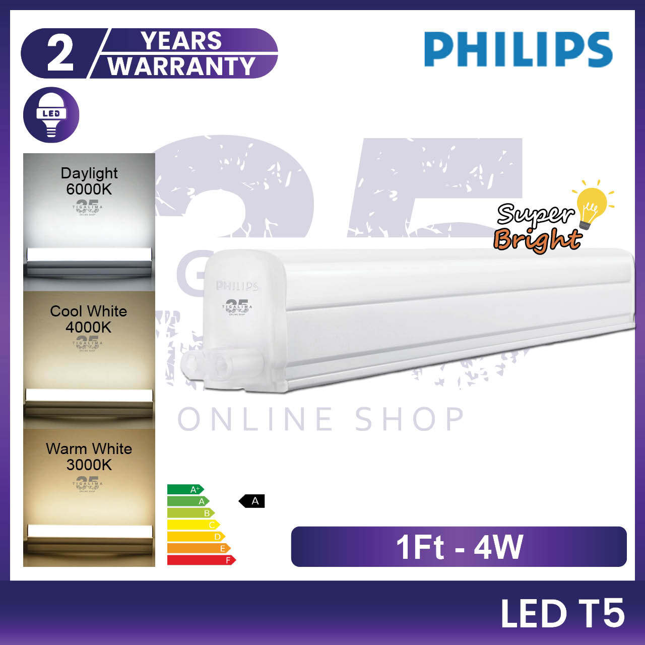 PHILIPS LED T5 Batten Lampu T5 1ft 4W / 2ft 7W / 3ft 9W / 4ft 13W c/w Connector Cable Plaster ...