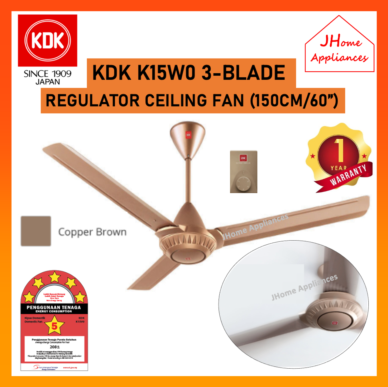 KDK K15W0 CEILING FAN REGULATOR [ 150CM / 60" ] KIPAS SILING ( COPPER BROWN ) | Lazada