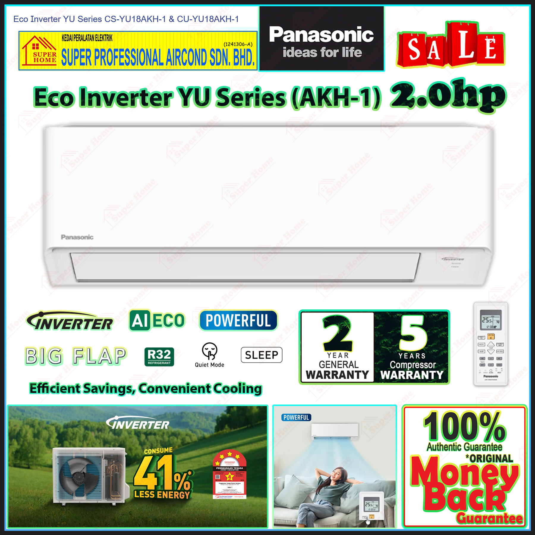 Panasonic 2.0hp Eco Inverter Air Conditioner CS-YU18AKH-1 & CU-YU18AKH ...