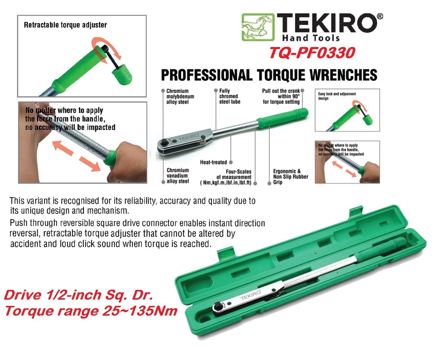 Tekiro TQ-PF0330 (1/2-inch Dr.) Professional Torque Wrench 25~135Nm ...