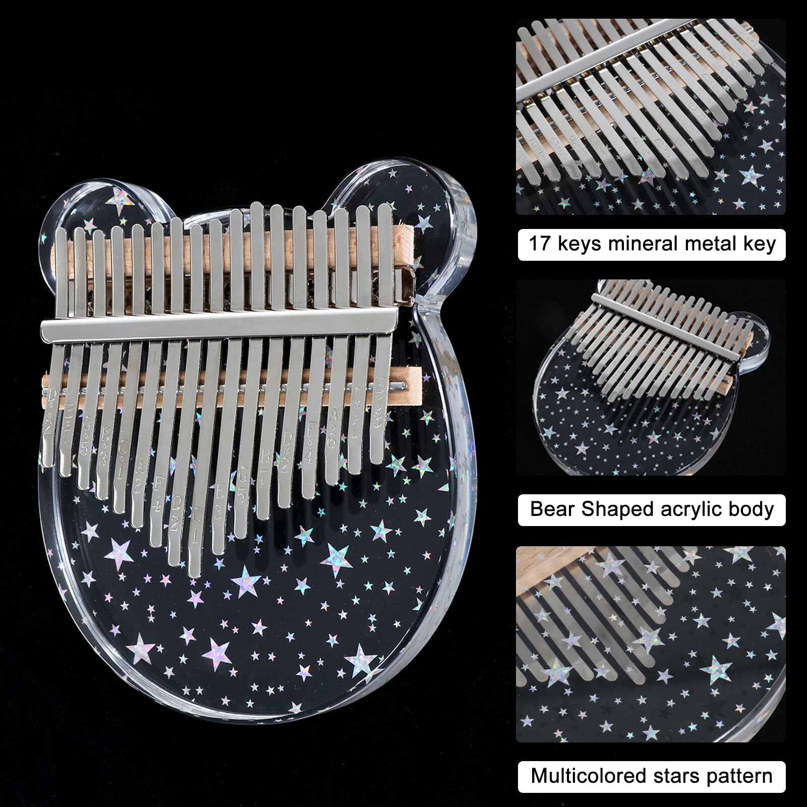 17คีย์ Star Little คริสตัลหมี Kalimba Thumb นิ้วโปร่งใสเปียโนอะคริลิค ...