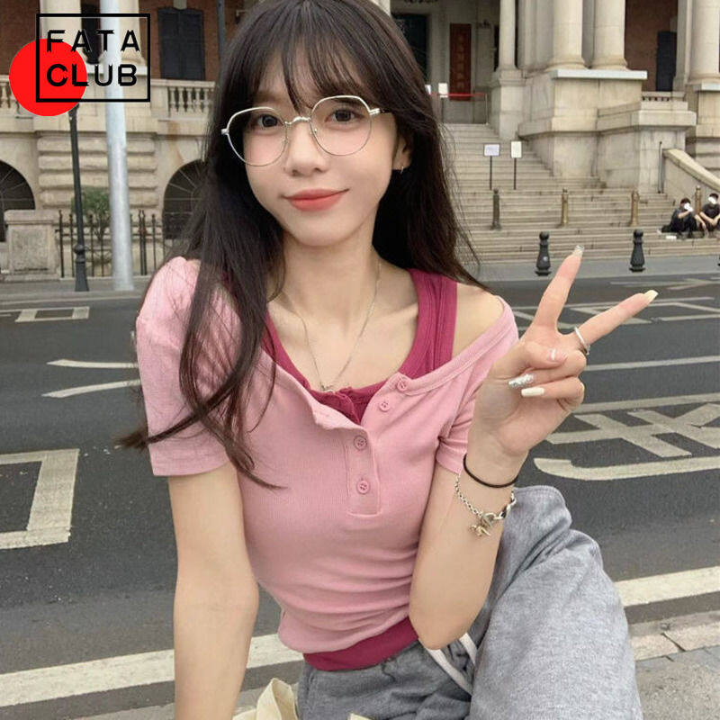FATA สไตล์เกาหลีผู้หญิงแขนสั้นเสื้อยืดแน่นเสื้อยืดปิดไหล่เสื้อยืดน่ารัก ...