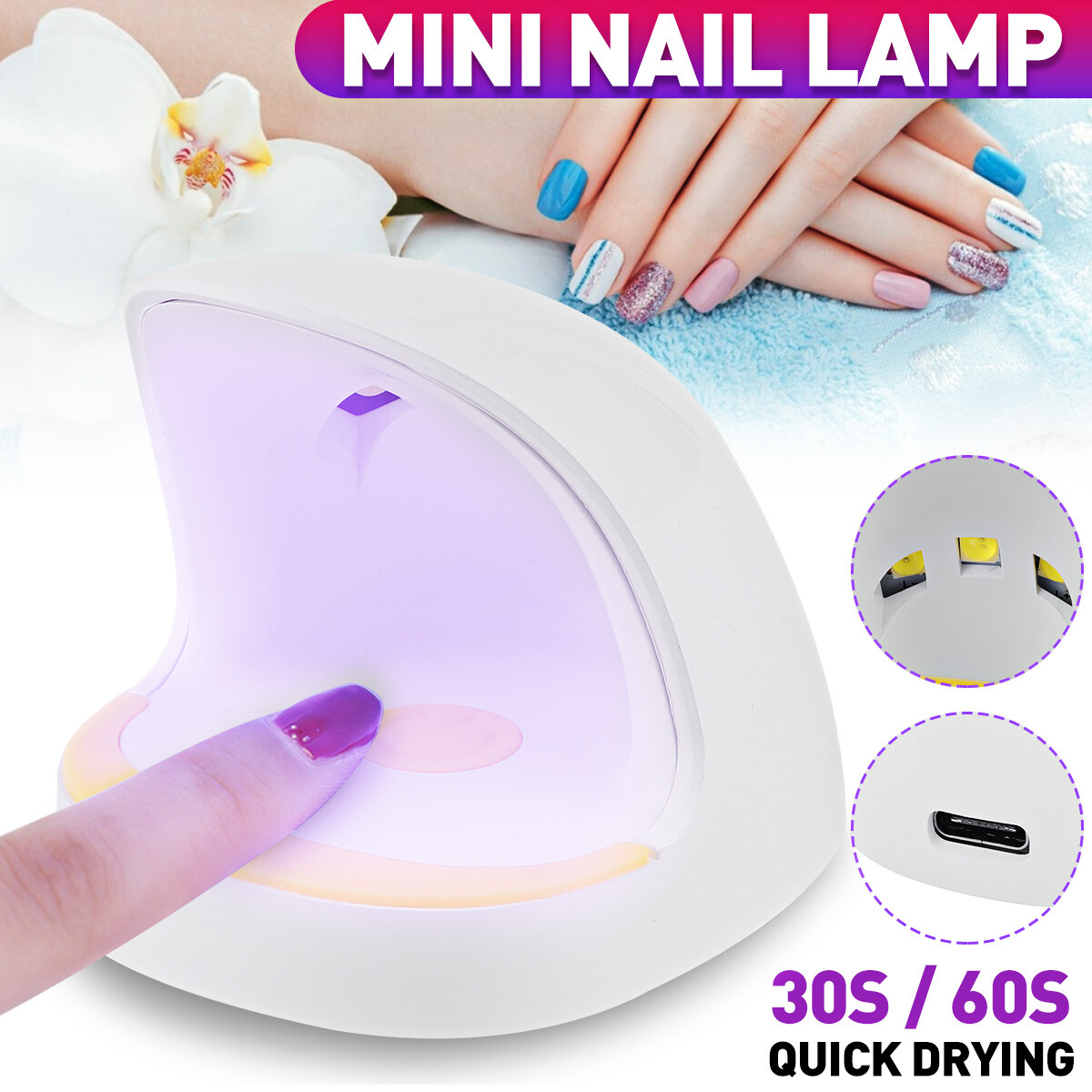Mini UV LED Nail Lamp 3 Lamp Beads 30/60s Timer Setting Single Finger ...
