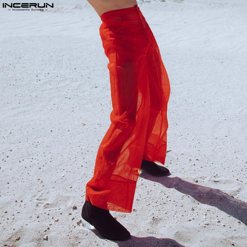 INCERUN กางเกงผู้ชายแฟชั่นมองเห็นผ่าน Hippy,กางเกงขายาวทรงตรงสำหรับใส่ ...