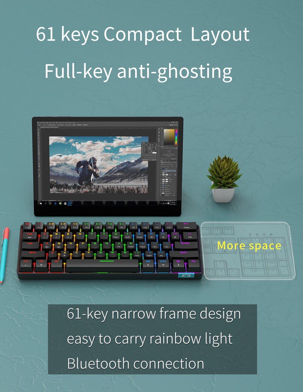 Ajazz STK61คีย์บอร์ดแบบกลไกไร้สายบลูทูธกระชับ,คีย์บอร์ดเล่นเกมแบบพกพา61 ...