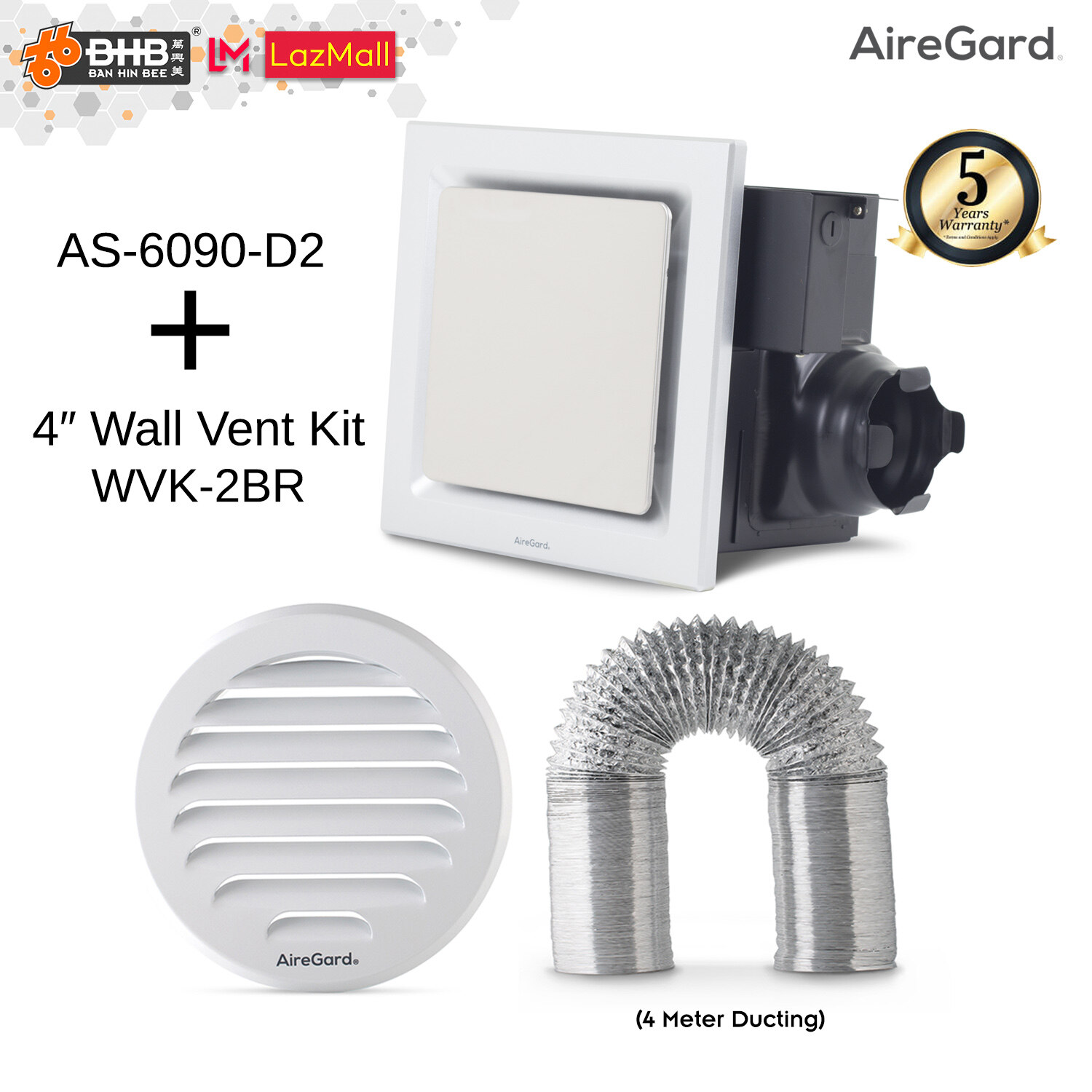 Airegard Ventilation Exhaust Fan AS6090 D2 Square (White) + Wall Vent ...