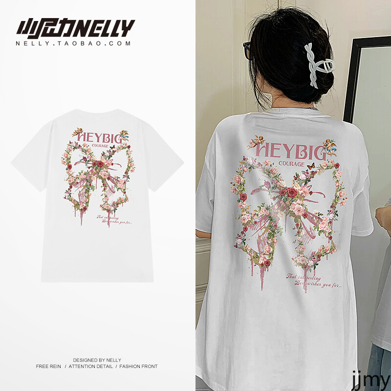 Ins Bow ฤดูร้อนแบรนด์อเมริกันดอกไม้ผีเสื้อแขนสั้นเสื้อยืดผู้ชายและ ...