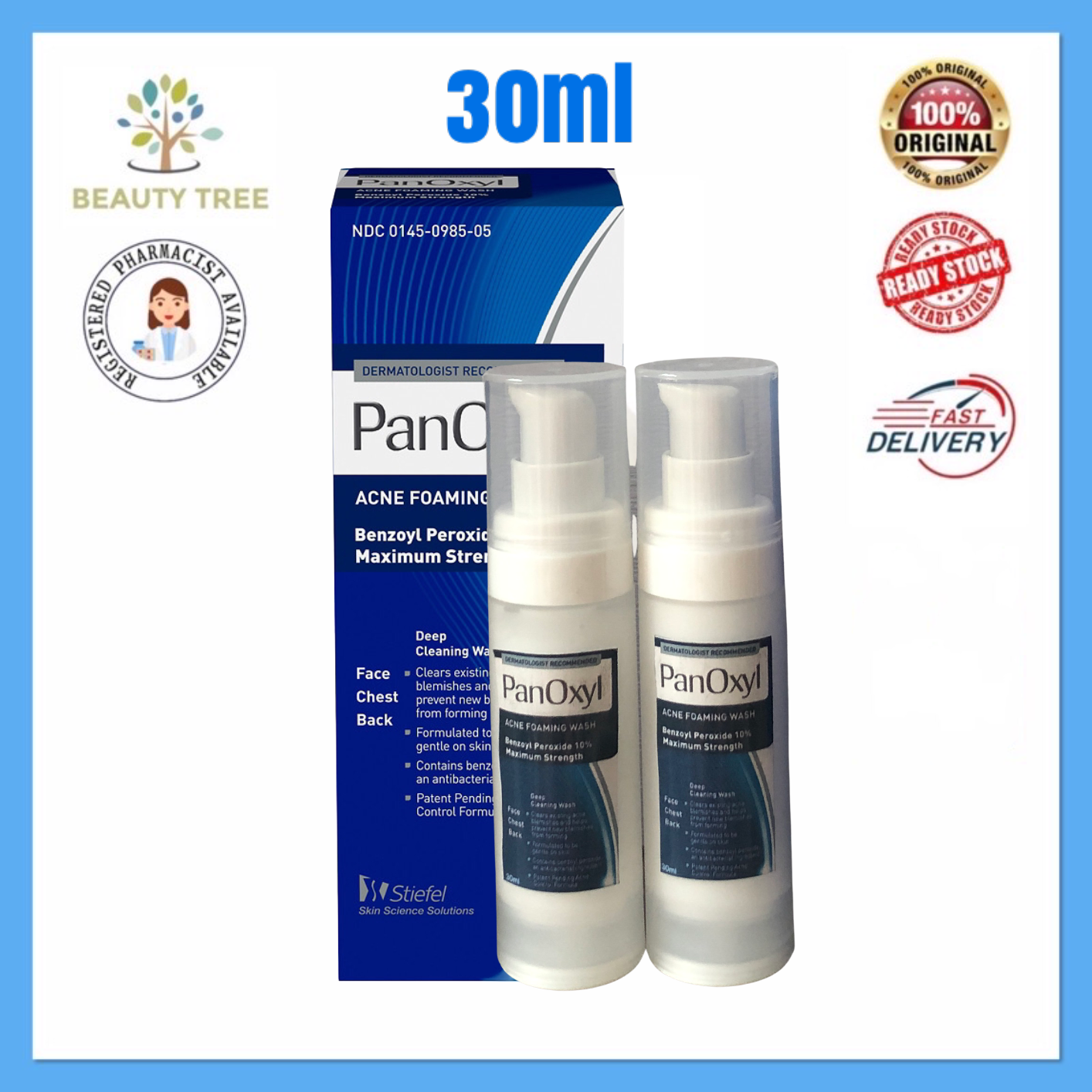 PanOxyl Acne Foaming Wash Benzoyl Peroxide 10% Maximum Strength 30ml ...