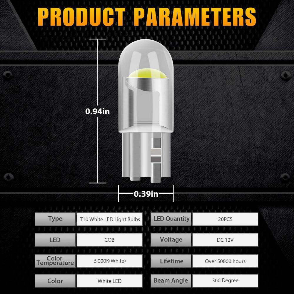20X T10 194 168 W5W 2825 COB LED License Plate Interior Light Bulbs ...