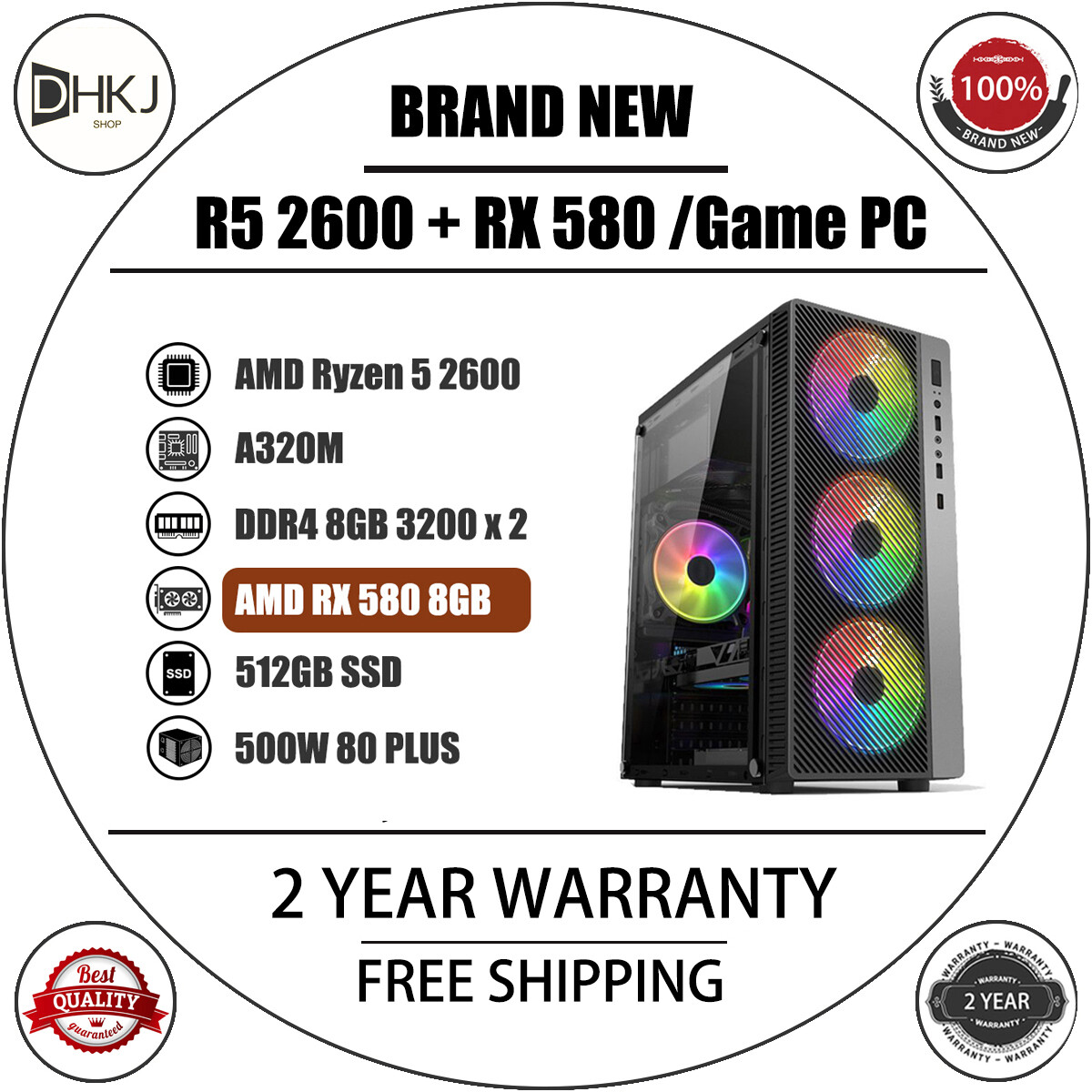 DHKJ Desktop Computer Set Gaming PC Ryzen 5 2600 AMD RX 580 8GBGraphics ...