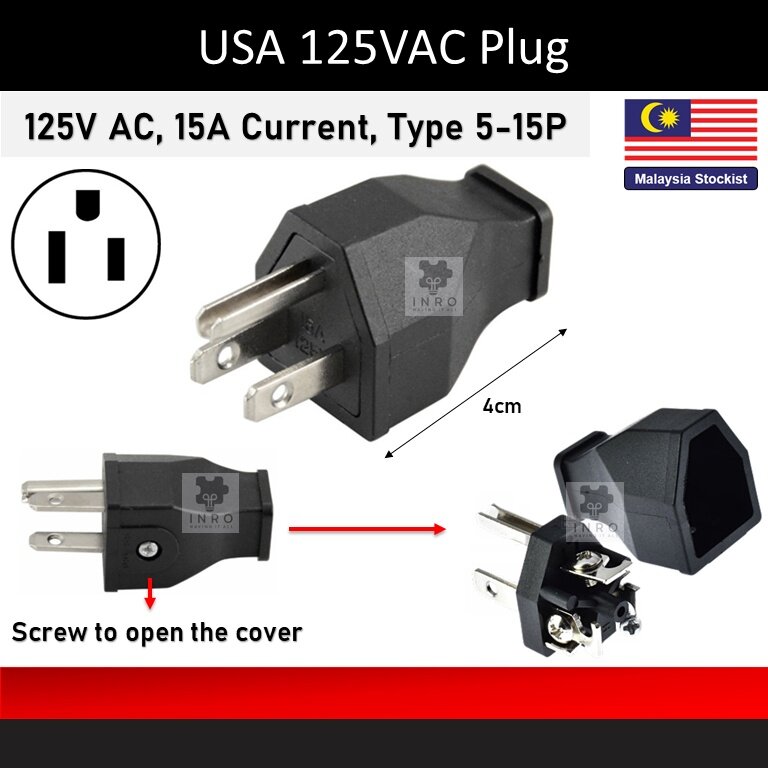 USA 3 Pin Plug, 5-15P, 125V AC 15A, NEMA 5-15, 110V, Cable Mount | Lazada