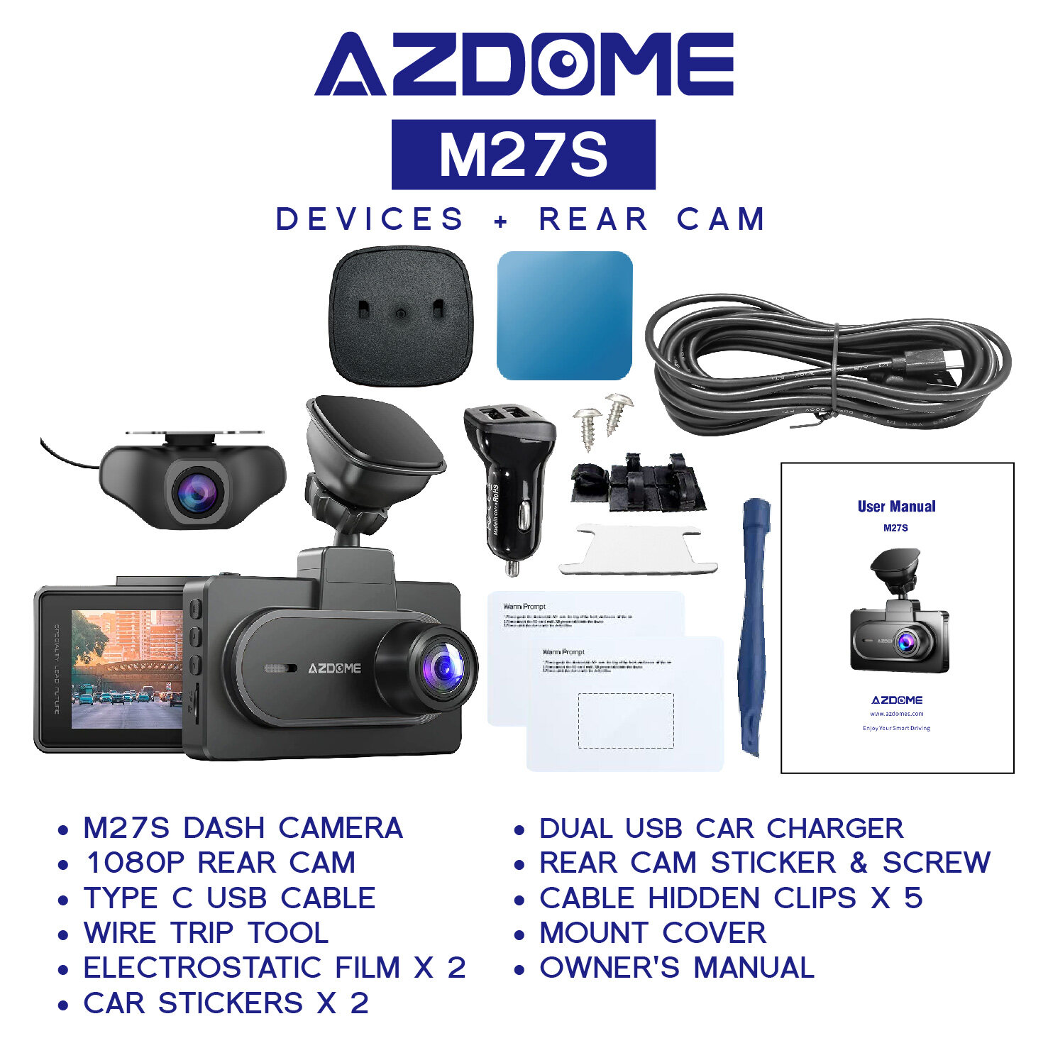 AZDOME M27S Full HD Dual Channel Front & Rear DashCam Night Vision ...