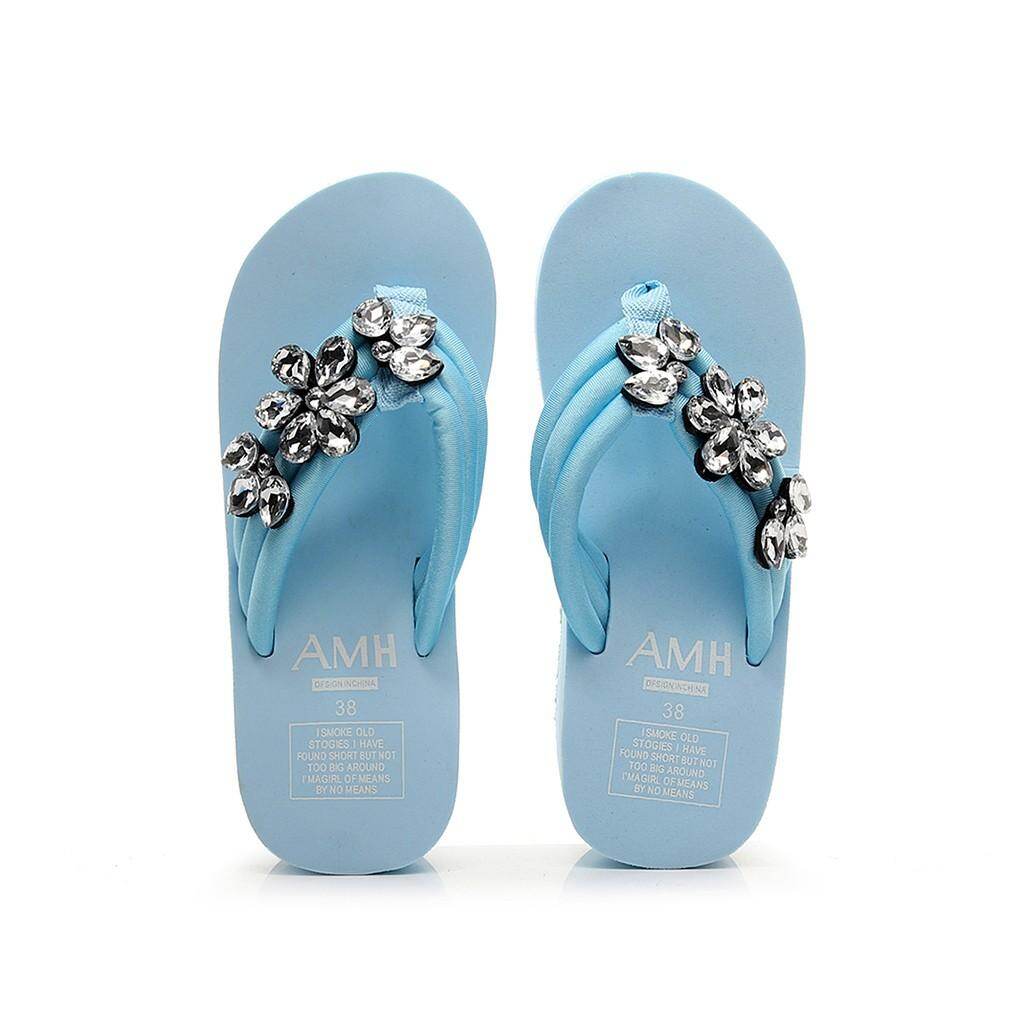 【Wings】Women Hand made คริสตัล Wedges Flip Flops รองเท้าแตะรองเท้าแตะ ...