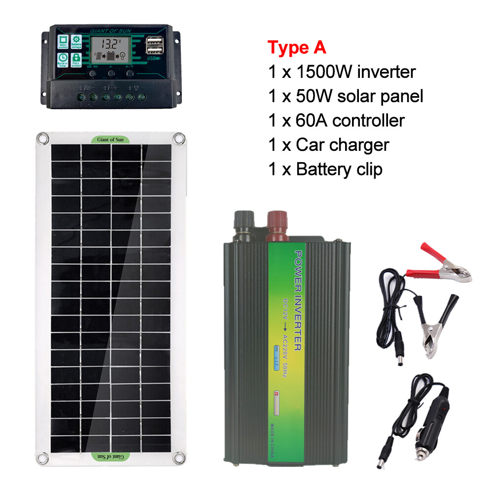 220V Solar Power System Kit Solar Panel 1500W Inverter + 50W Solar ...