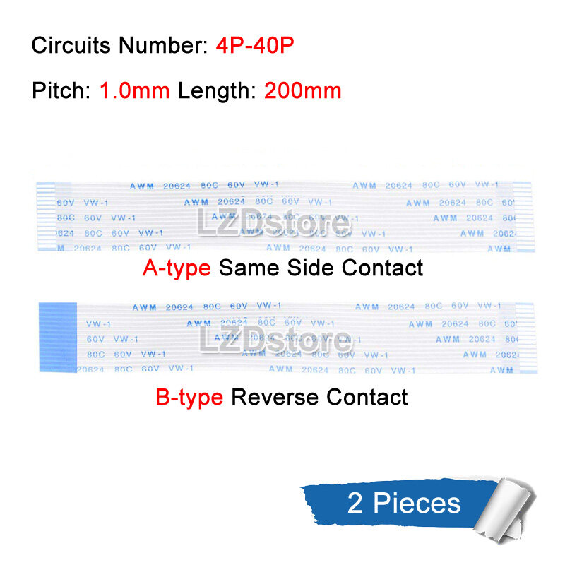 2pcs FPC Ribbon Flexible Flat Cable Pitch 1.0mm Length 200mm 20cm 4P 5P ...