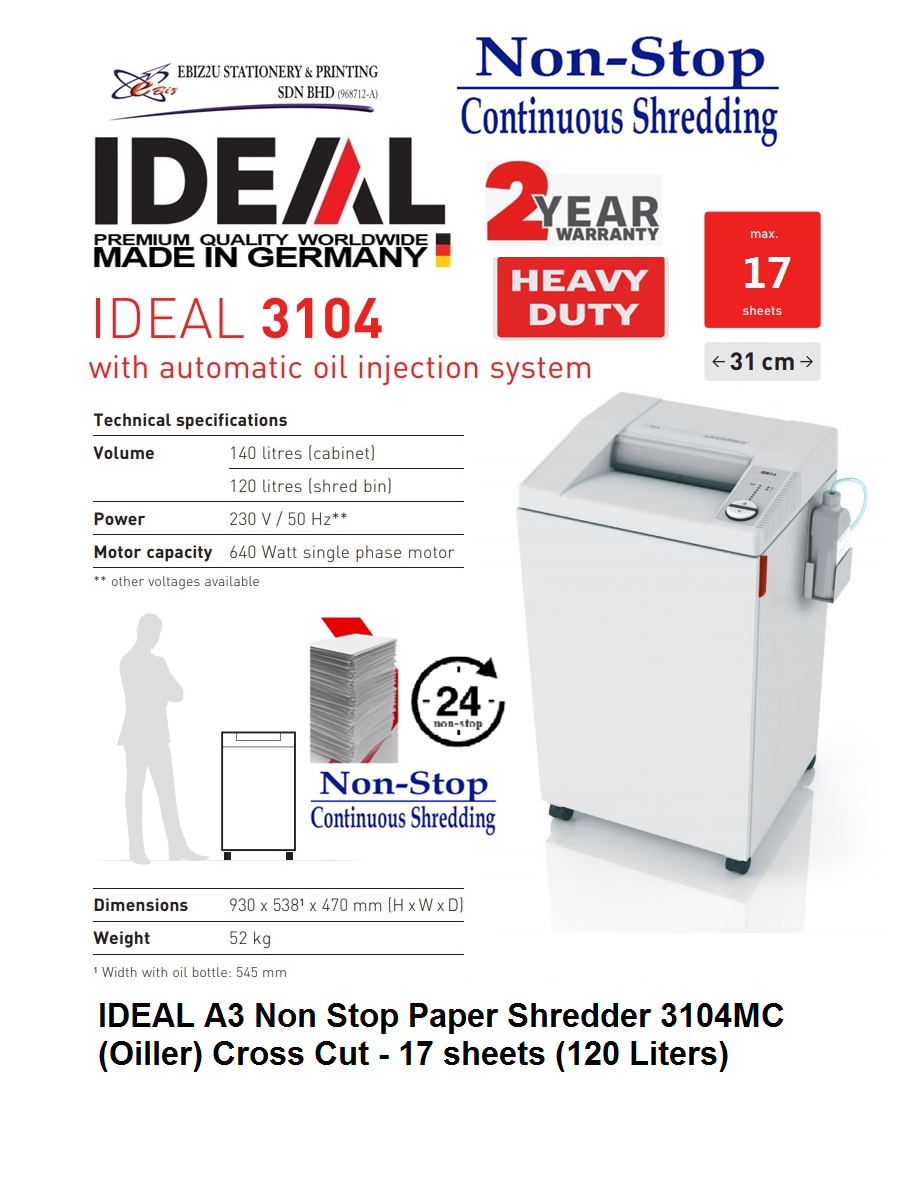 IDEAL 3104 MC (Oiller) Non Stop Heavy Duty A3 Paper Shredder Micro Cut ...