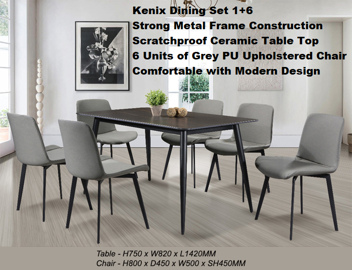 Kenix Dining Set with Ceramic top Table with 6 PU upholstered Chairs. Only Available in Klang ...