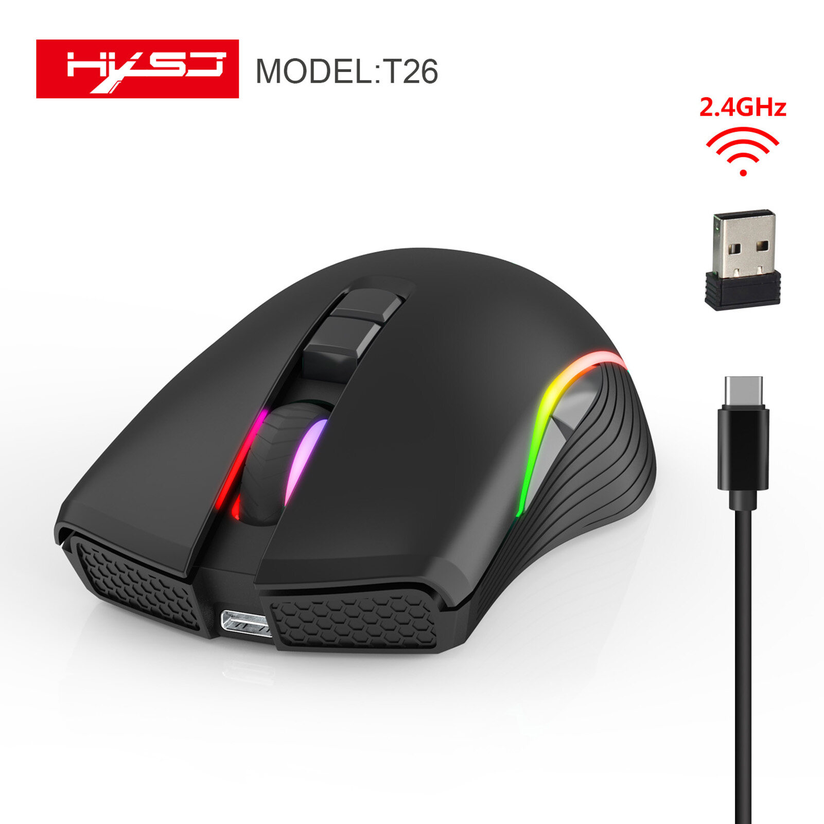 HXSJ T26 Mouse Wireless Mice 2.4GHz Type C Rechargeable Backlight 7 ...