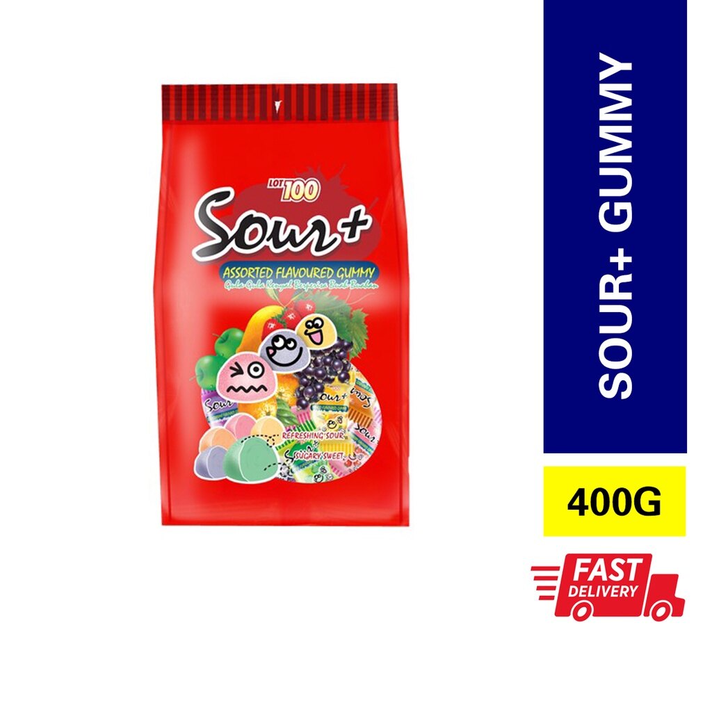[600G] Halal Lot 100 Sour+ Assorted Flavored Gummy Gula-Gula Kenyal ...