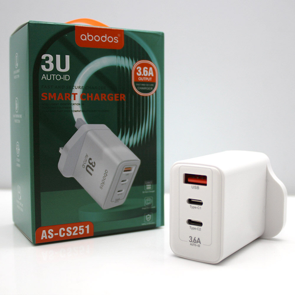 ABODOS (3U) Secure Charger Smart Charge Power Adapter with TYPE-C Wall Charger | Lazada