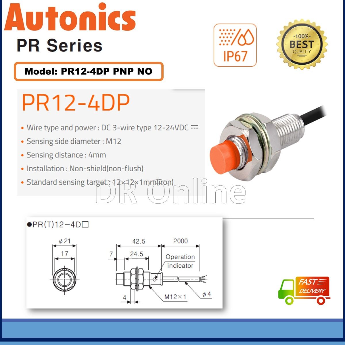 Autonics Proximity Sensor PR12-4DP M12 Sensing 4mm DC3 WIRE PNP NO 12-24VDC~ PR12-4DP | Lazada