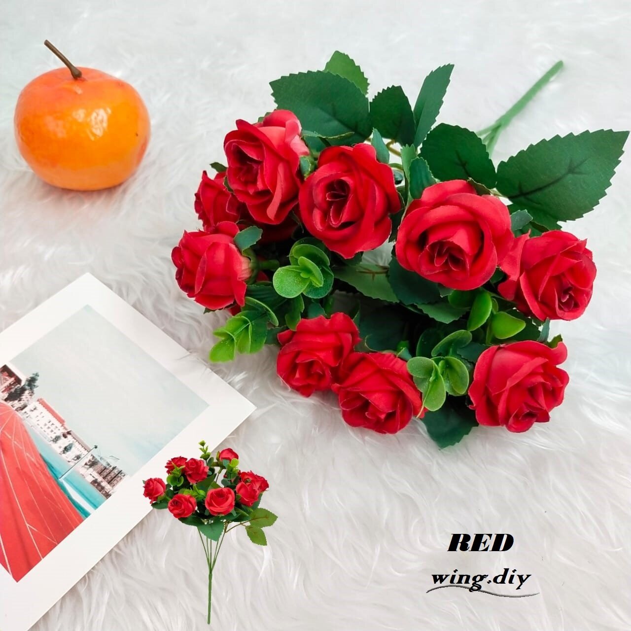 ARTIFICIAL MINI ROSE FLOWER WITH ROSE LEAF AND EUCALYPTUS LEAF ...