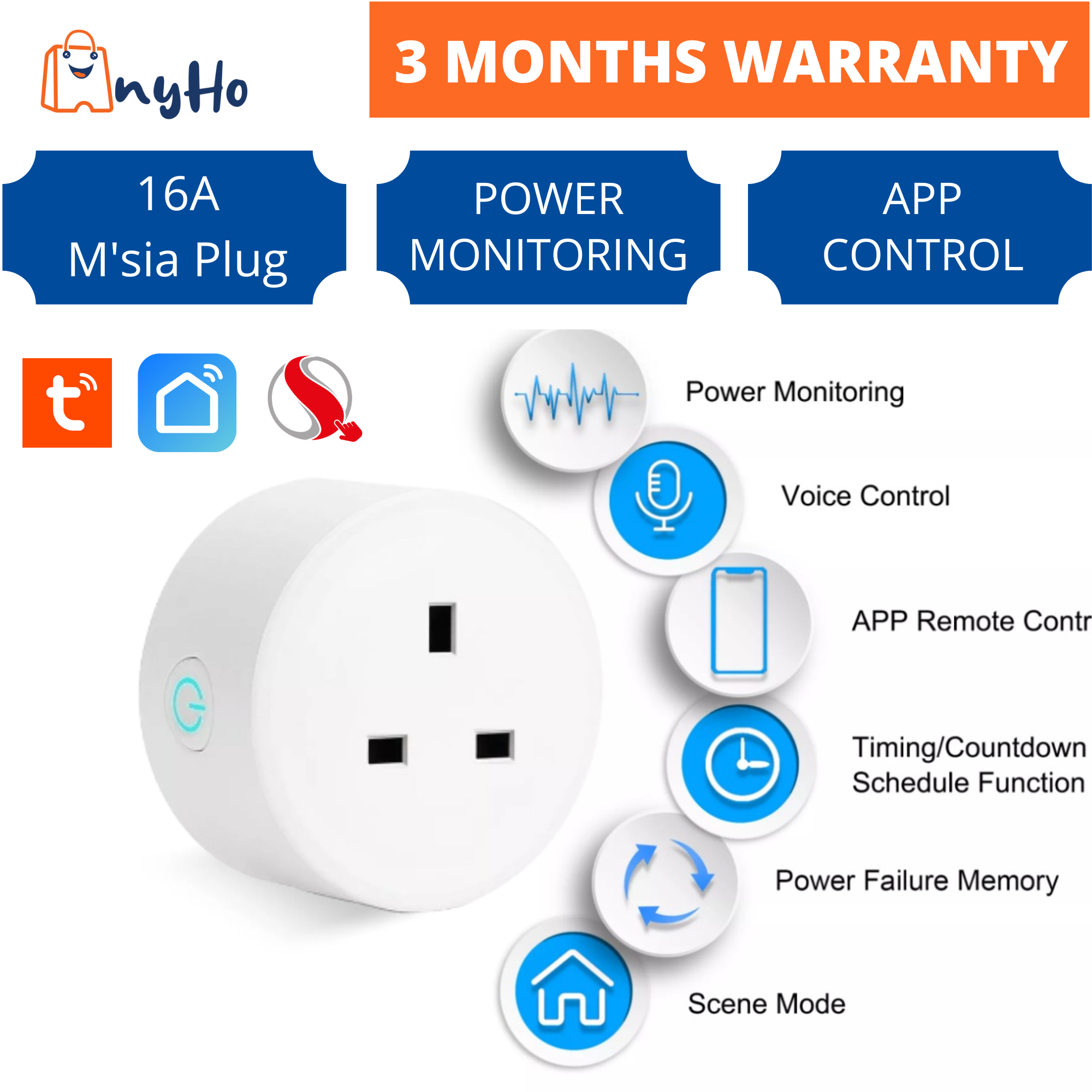 TUYA WIFi Smart Plug 16A with Power Monitor Wireless Socket works with ...