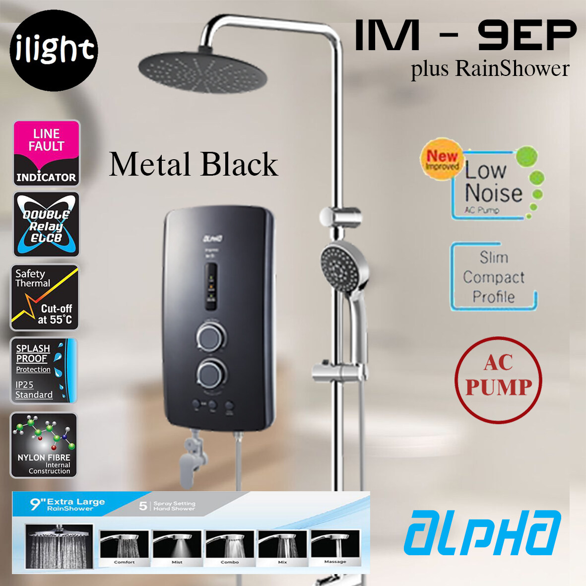 ALPHA IM-9EP Instant Water Heater AC Pump plus RAINSHOWER | Lazada