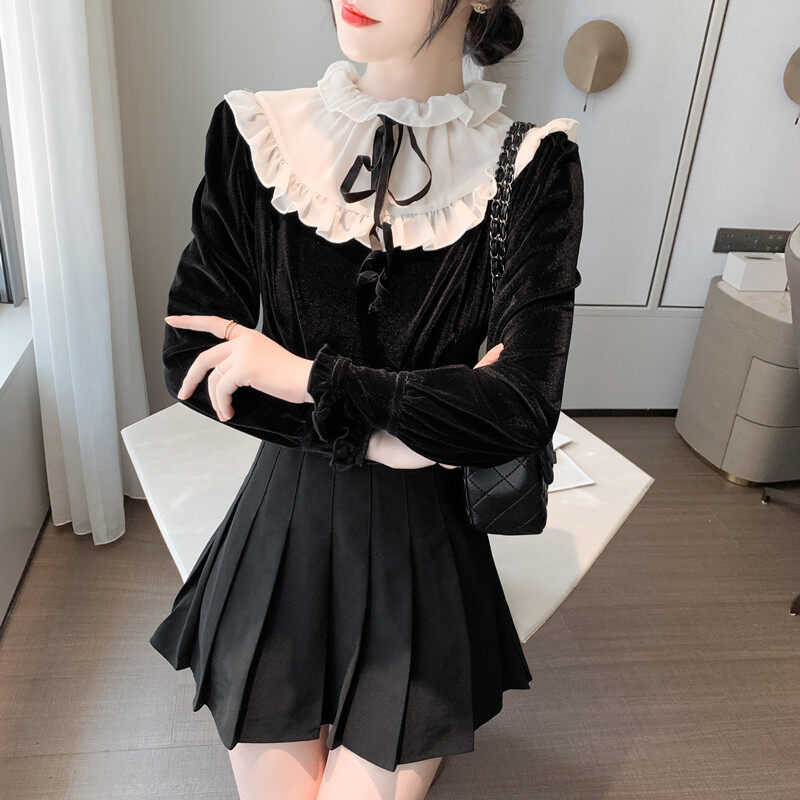 SNUG 2021 Retro Retro ออกแบบชีฟองเย็บกำมะหยี่แขนยาว Slim เสื้อยาวปิดถึง ...