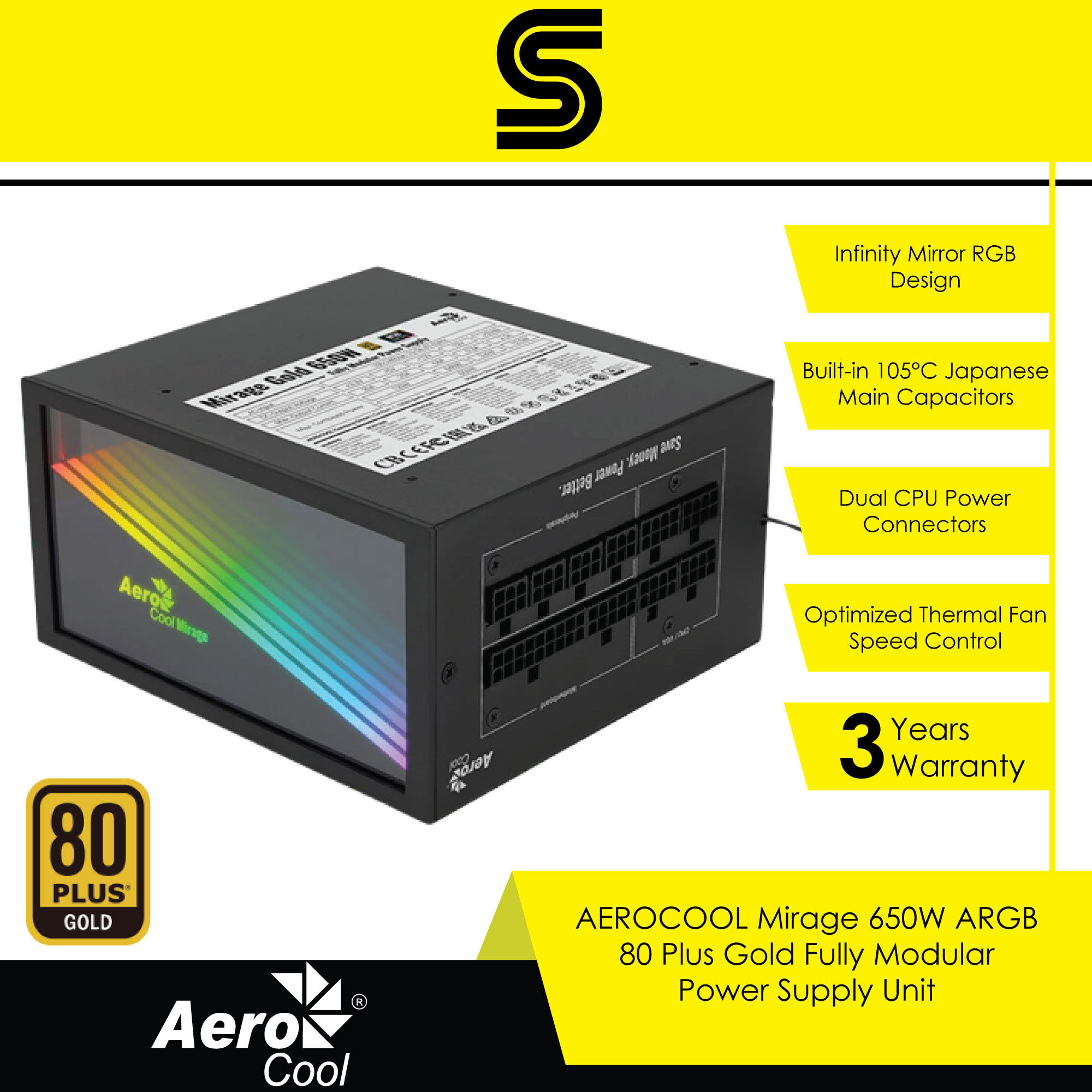 AEROCOOL Mirage 650W ARGB 80 Plus Gold Fully Modular Power Supply Unit ...
