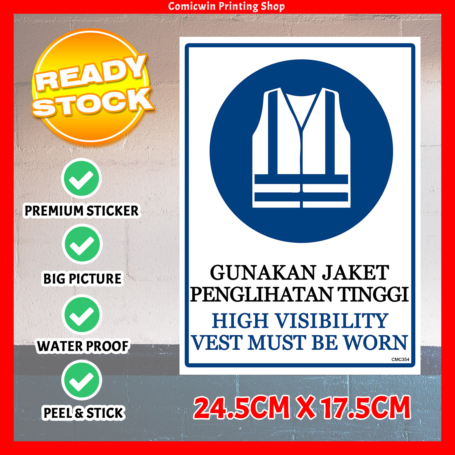 CMC354 Wear High Visibility Vest Signage (24.5x17.5cm) PPE Mandatory ...