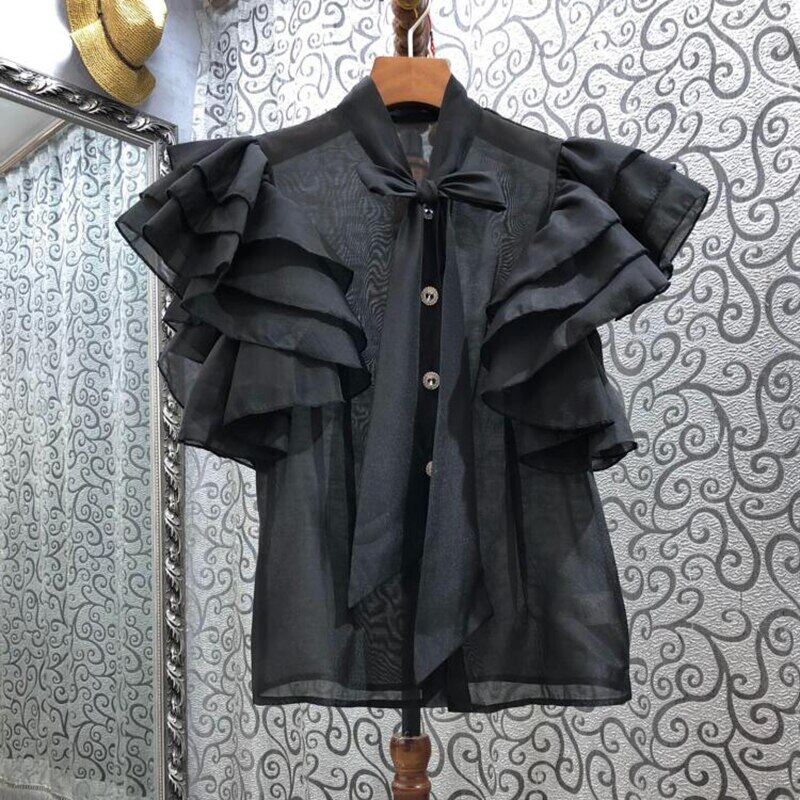 Patchwork Ruffle Shirt For Women Bow Collar Short Sleeve Solid Chic ...