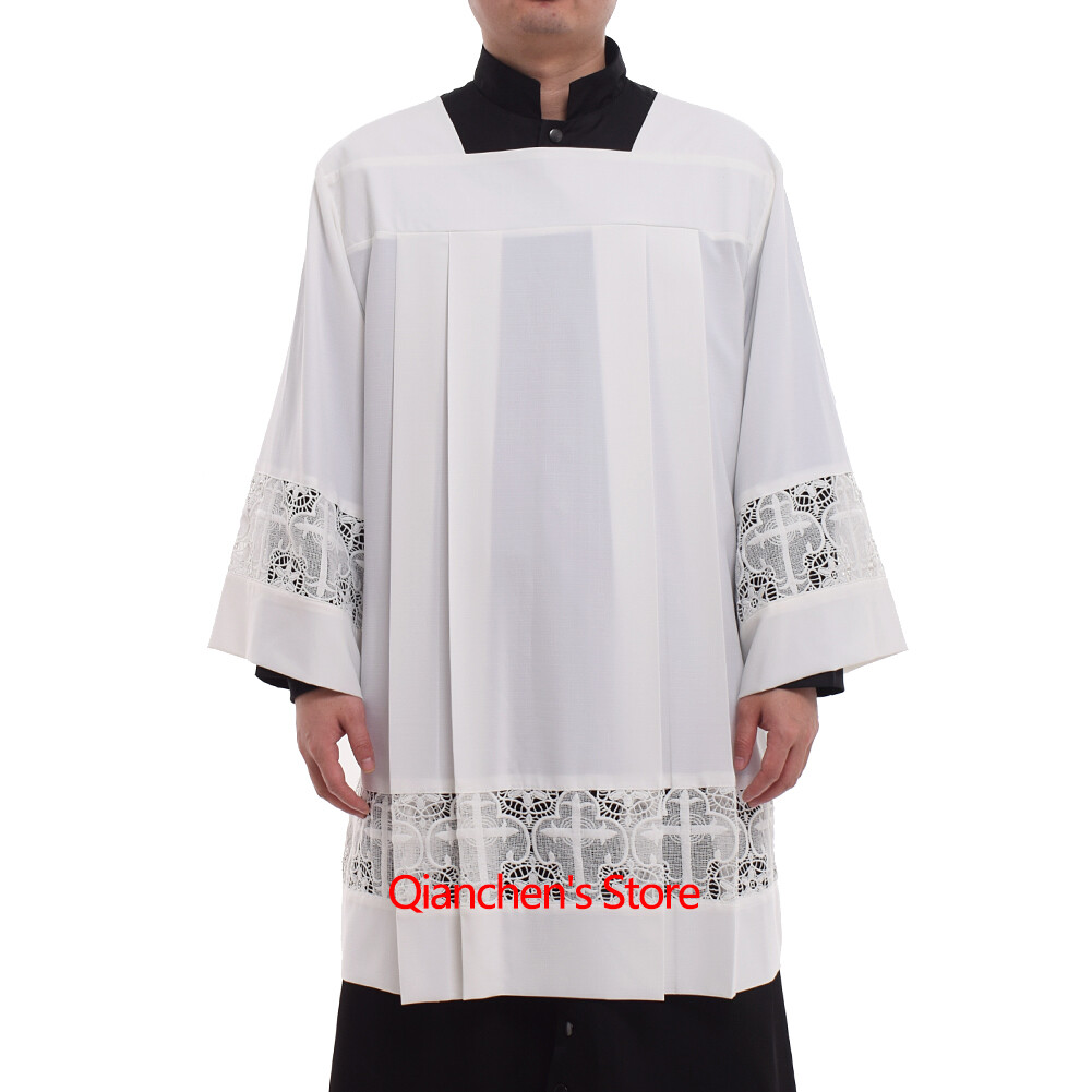 Pastor Robes Catholic Pleated Lace Surplice Liturgical Cotta Cassock ...