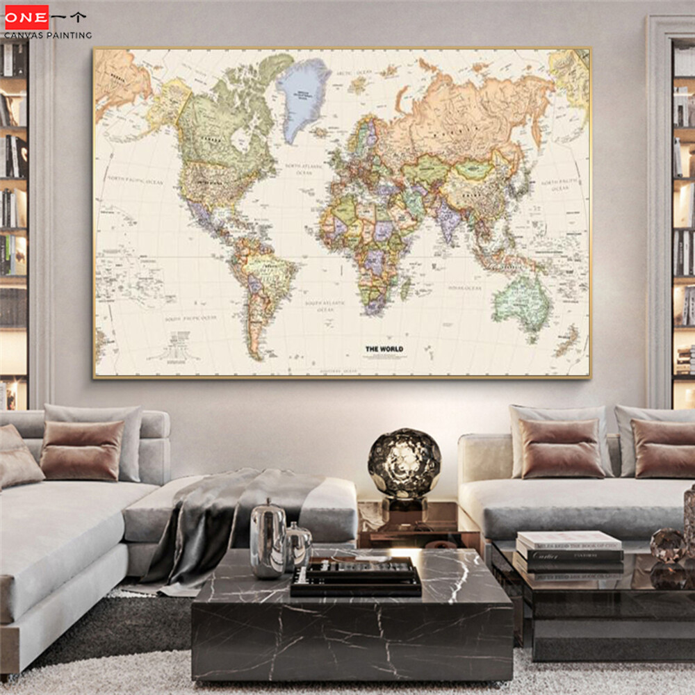 Modern Retro World Political Map Canvas Painting and Retro Wall Art ...