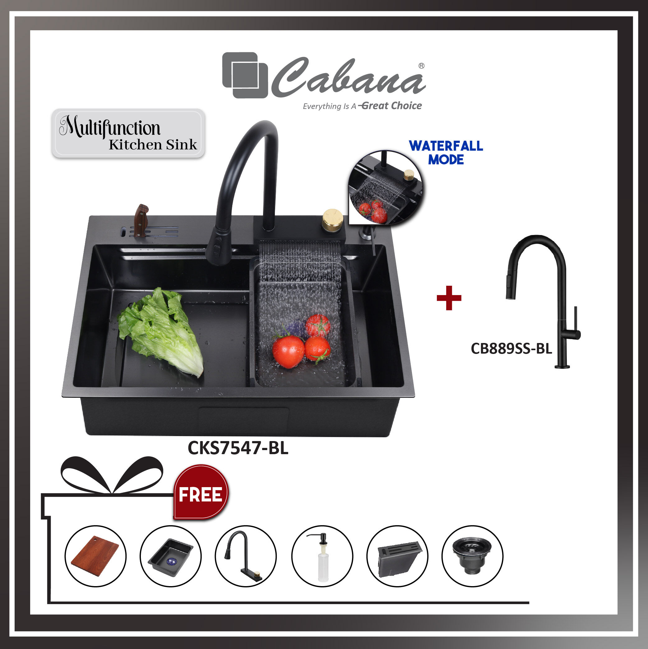 CABANA CKS7547-BL WATERFALL MODE MULTIFUNCTION KITCHEN SINK With Tap ...