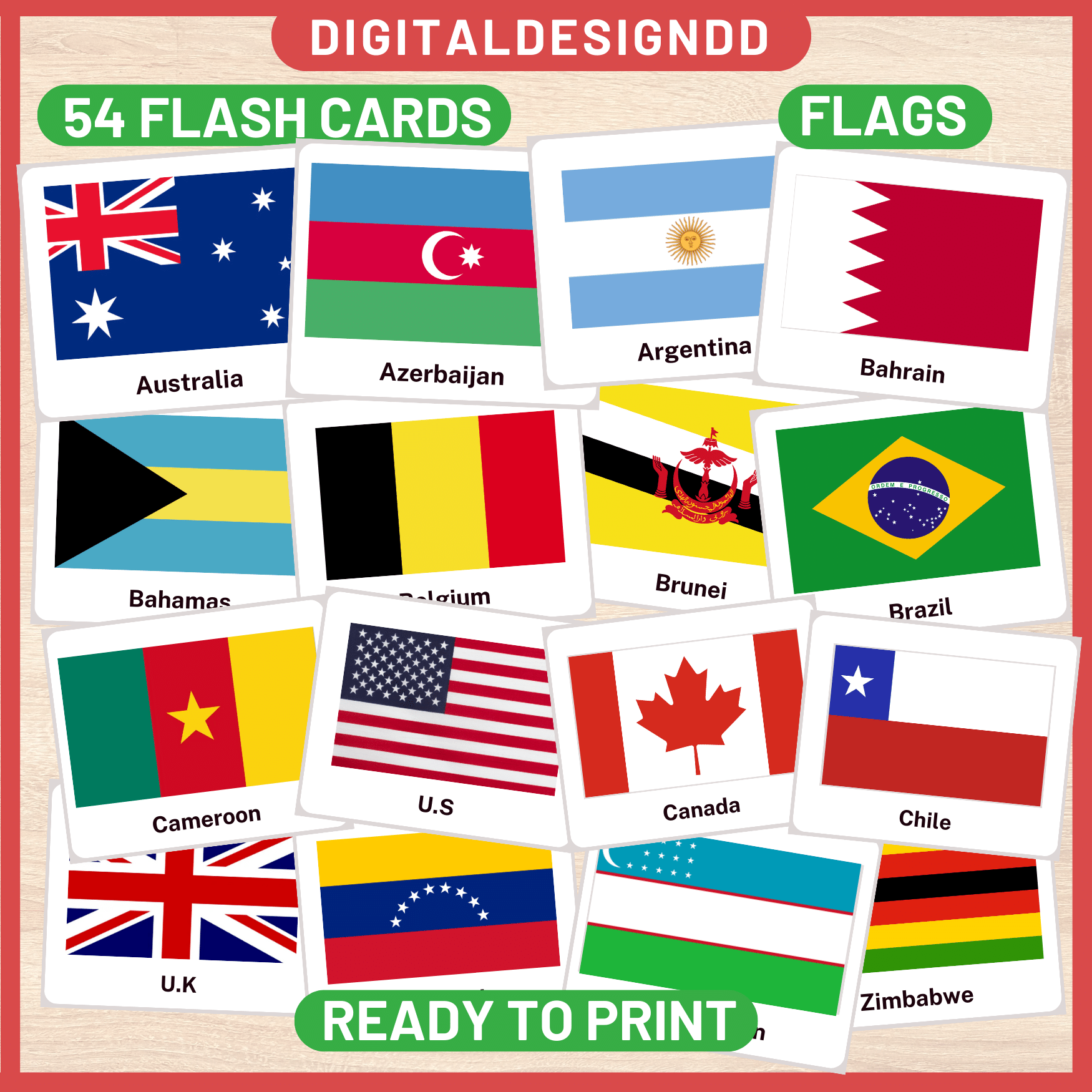 Country Flag Digital PDF Flash Cards for baby kids toddler preschool ...