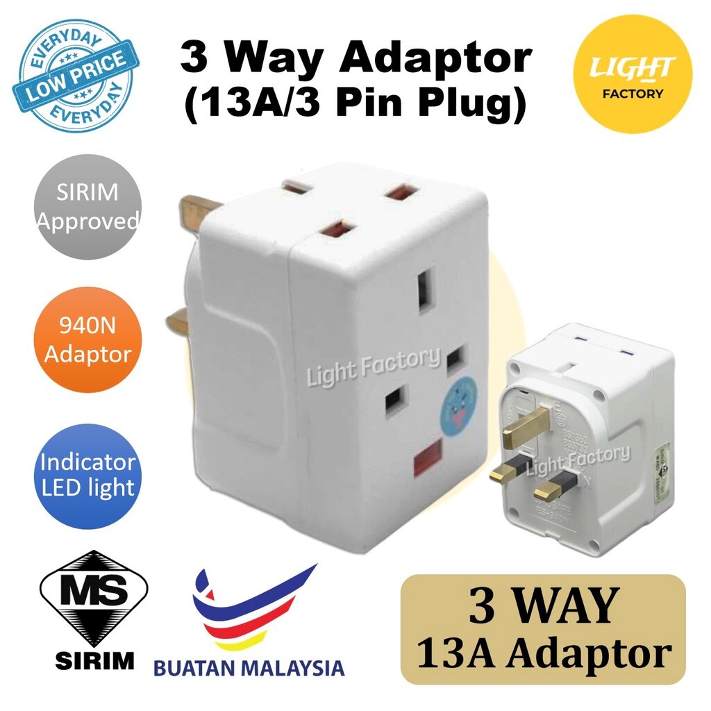 [SIRIM Approved] 3 Way Adapter with Switch 3 Way Multi Adaptor 13A 3 ...