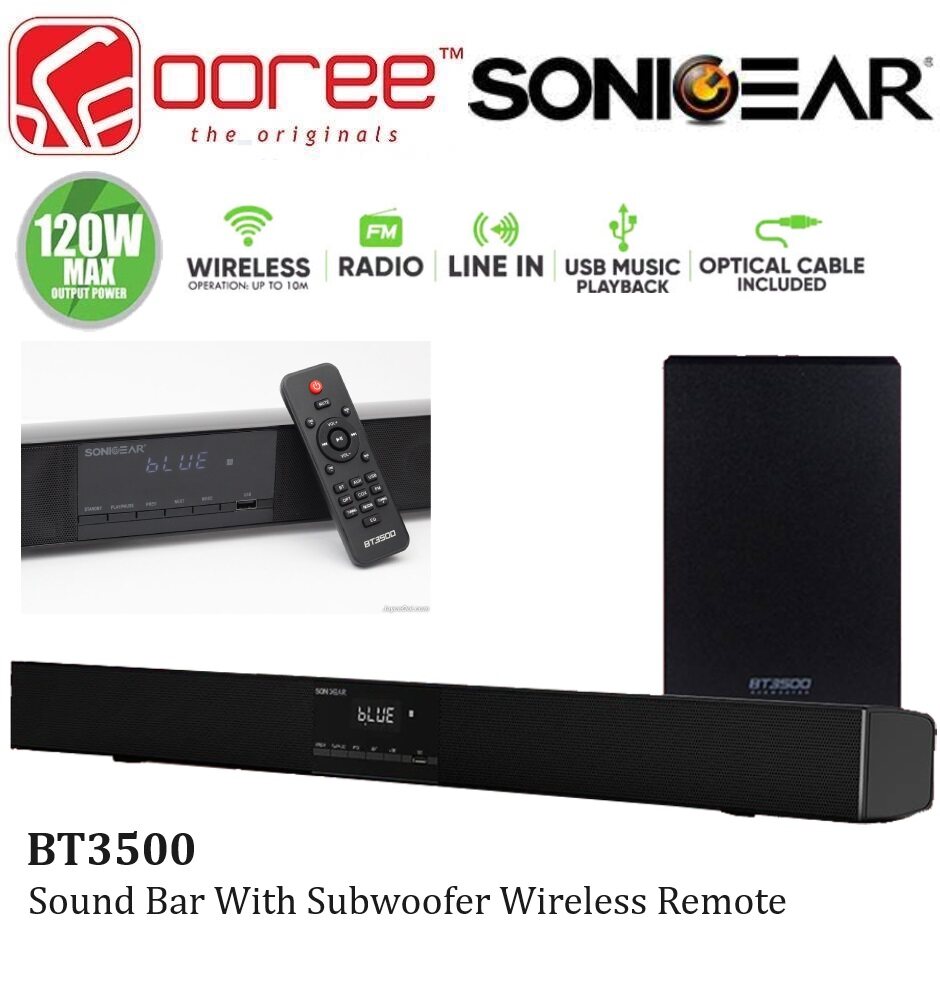 SONICGEAR BT3500 WIRELESS BLUETOOTH SOUND BAR WITH WOOFER FM RADIO / LINE IN / OPTICAL CABLE ...