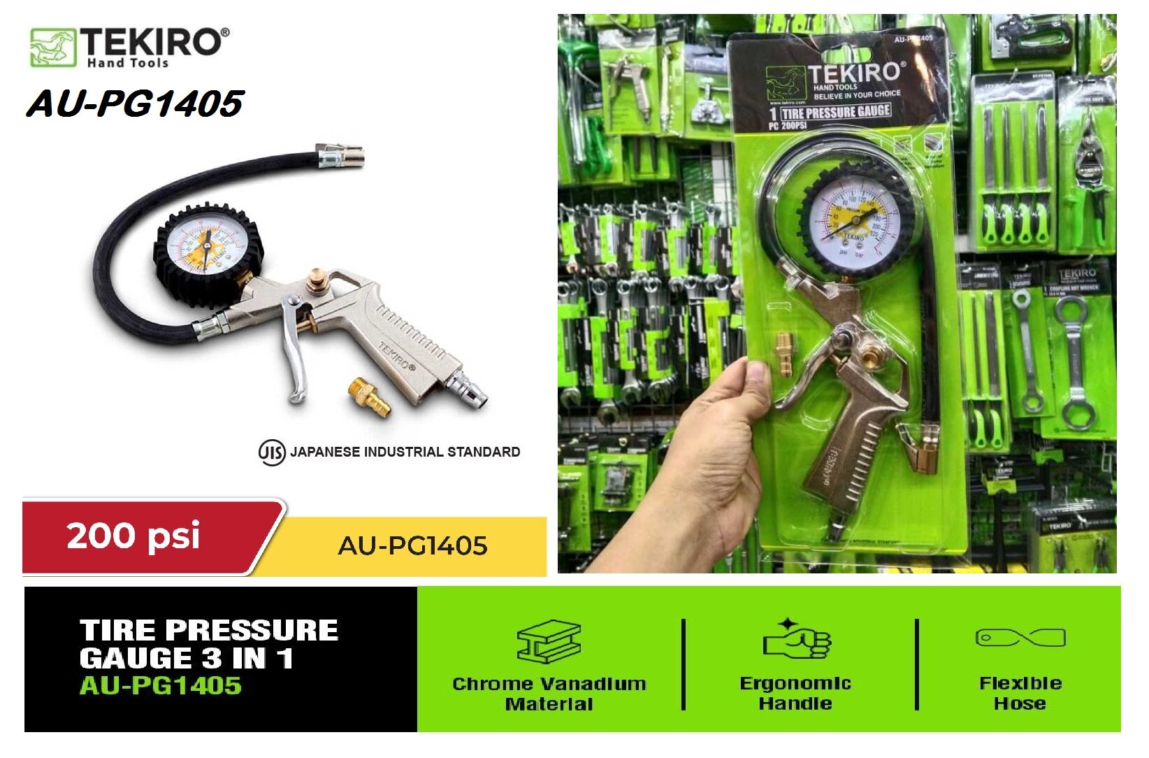 Tekiro AU-PG1405 (3-in-1) Tire Pressure Gauge & Inflating Tool | Lazada