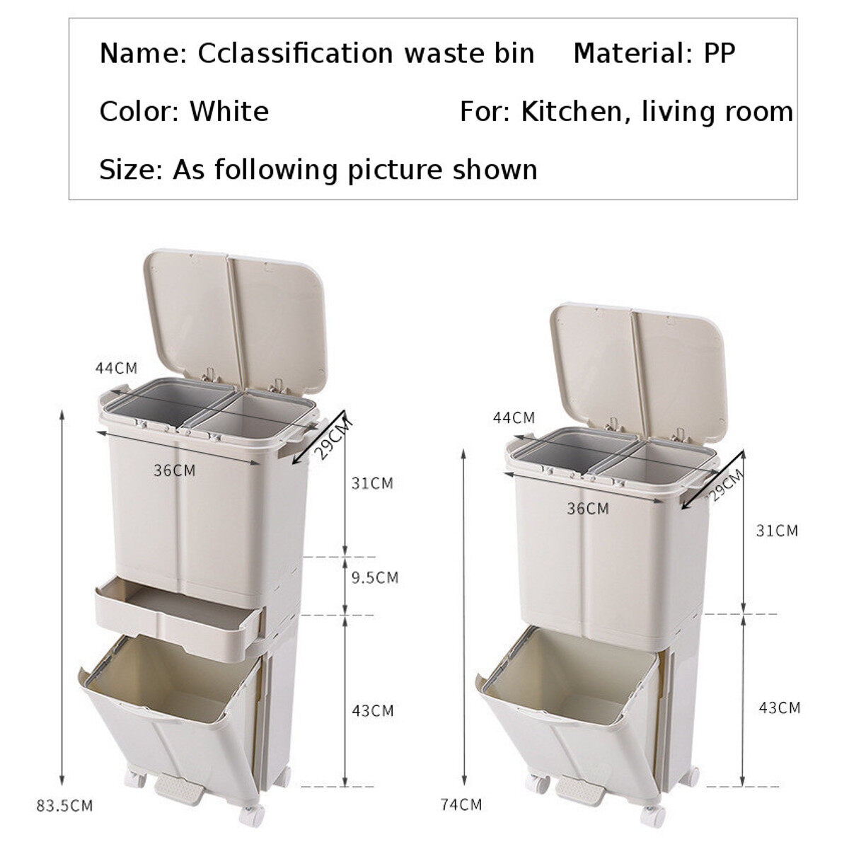 Waste Bin Kitchen Living Room Bathroom Wheels Trash Can Dry and Wet ...