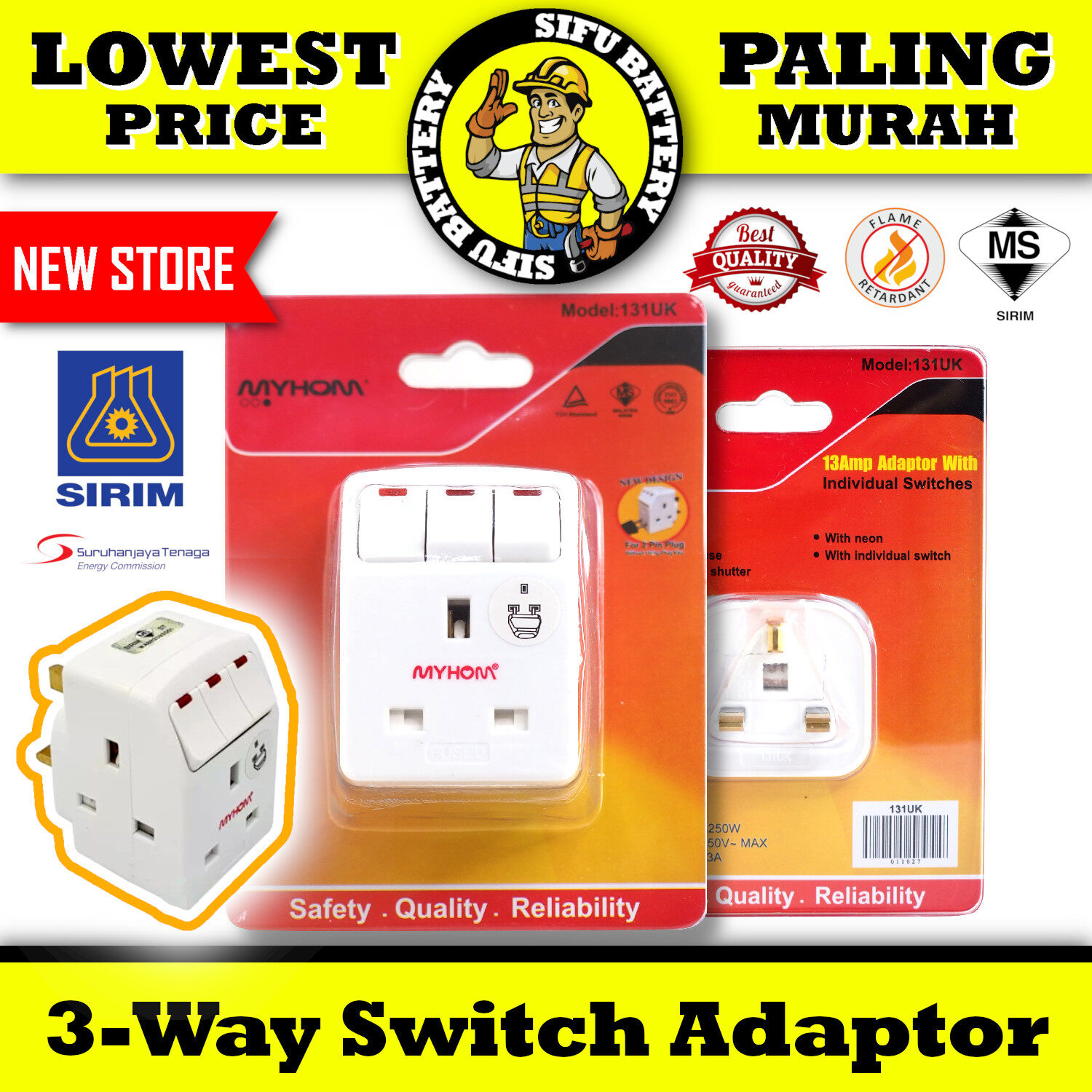 [sirim] Myhom 3 Way 13a Multi Adaptor Extension Plug Socket With Neon Switch Easy 2 Pin Adapter