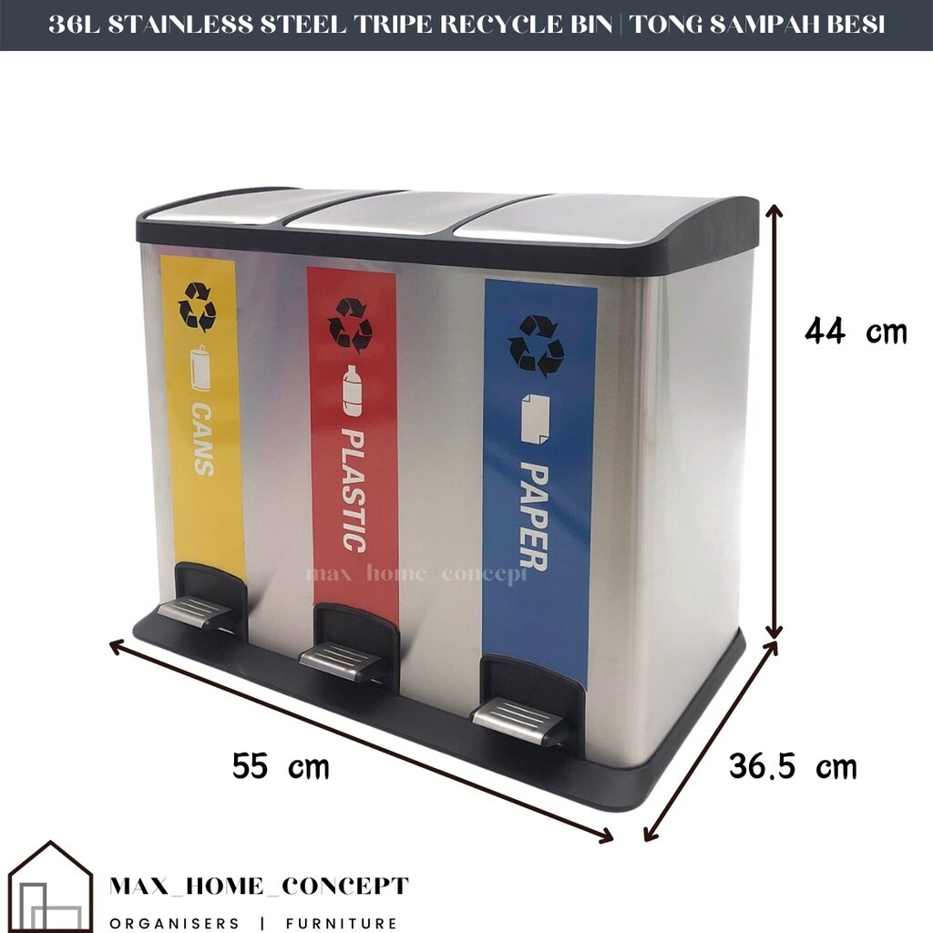 36L STAINLS STEEL STEP PEDAL DUSTBIN TONG MPAH KITCN BIN RECYCLING BIN ...