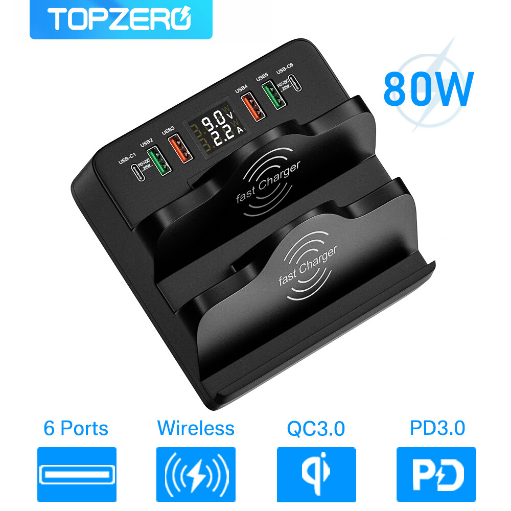 TOPZERO 80W ที่ชาร์จ USB สองหัว,ที่ชาร์จไร้สาย PD 20 QI 15W อะแดปเตอร์ ...