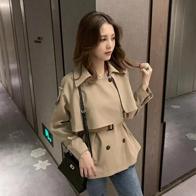 แฟชั่นเกาหลีตัด T Rench Coat ผู้หญิงบางเข็มขัดสีกากีเสื้อกันลมคู่หน้าอก ...