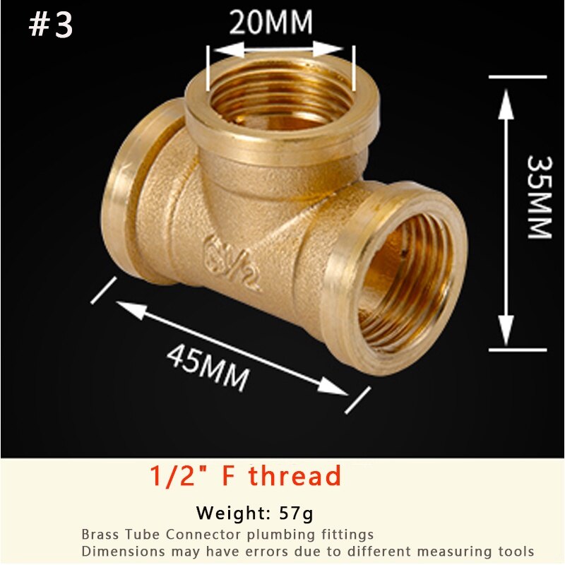 Brass Tee Pipe Connector 3 Way Pipe Fitting 1/2" T-shape Water Oil Gas ...