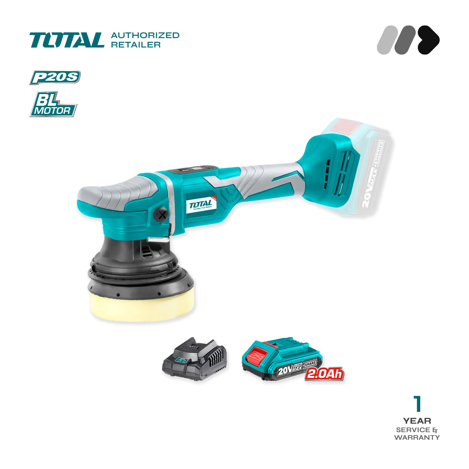 TOTAL Cordless Angle Polisher, 20V Brushless Motor incl. 1x Polishing ...