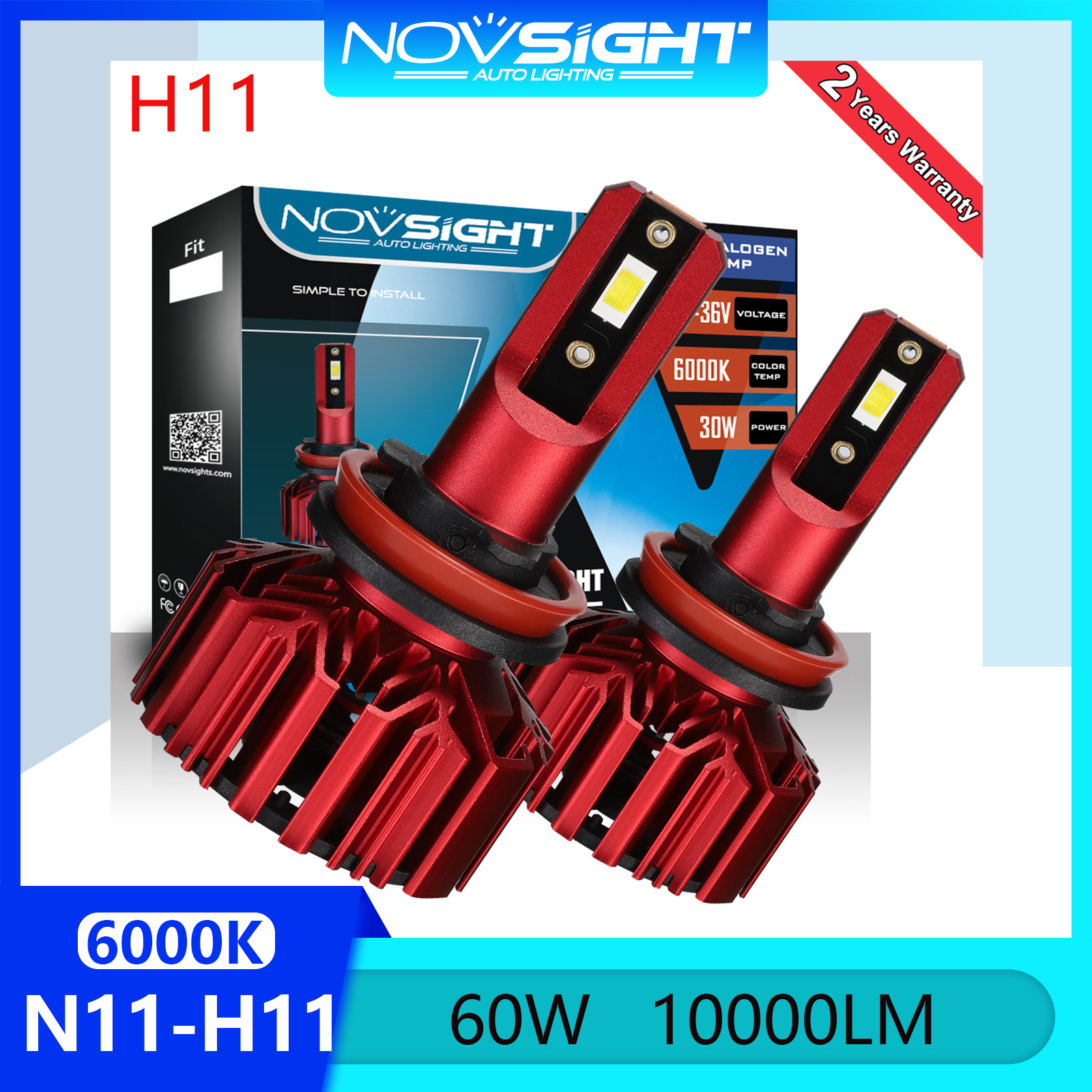 Novsight N11 H11 LED Headlight Bulb 60W 10000LM 6000K White Super Bright LED Lights for Car High ...